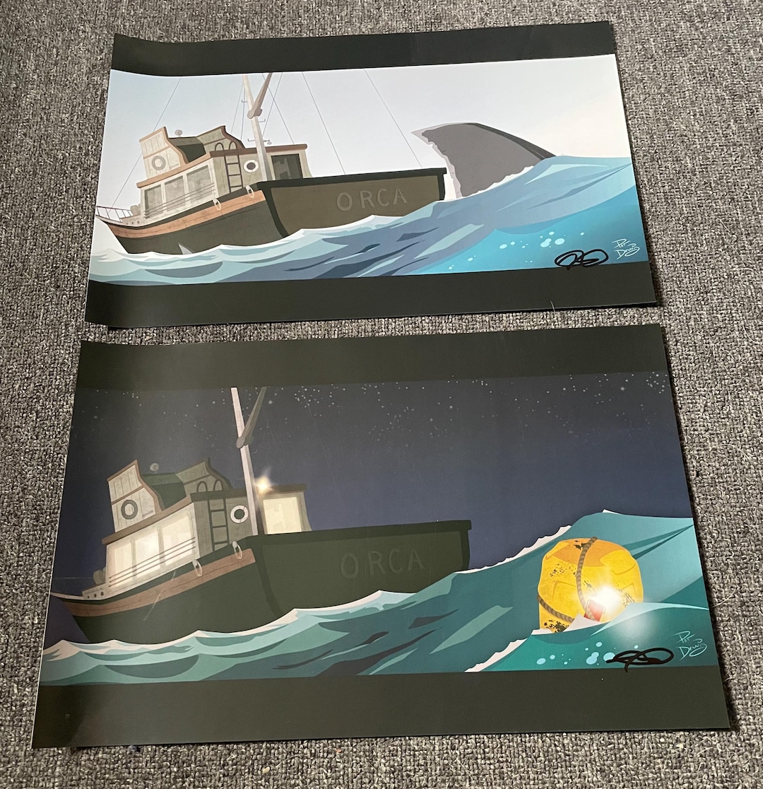 Two JAWS Art Prints! 11" X 17"! ORCA Boat! Great White Shark! Very Rare ...