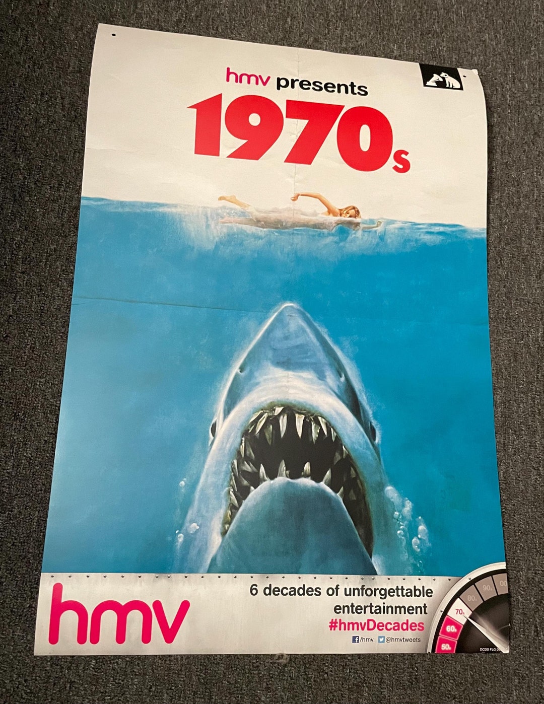 Original HMV Music Store Displayed JAWS Poster! Double Sided! 1970's! Steven Spielberg ...