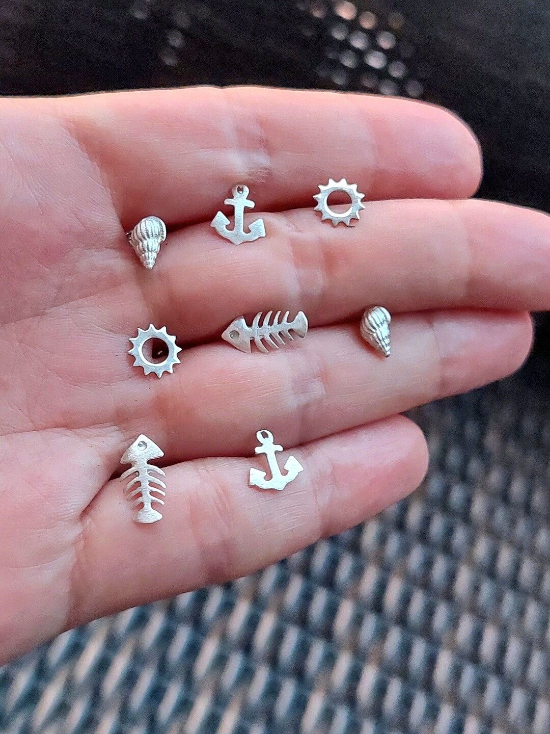 Tiny Silver Stud Earrings, Summer Earrings, 1 Piece Silver Earring, Sun, Fishbone, Shell, Anchor ...