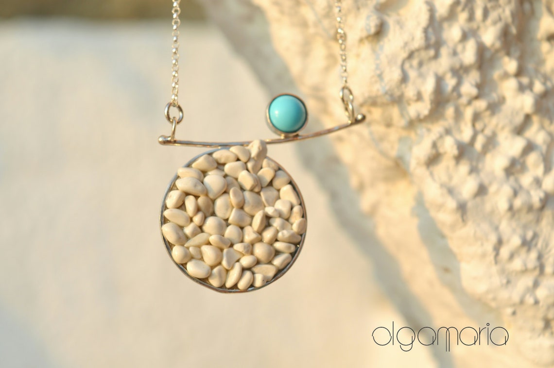 Unique Pendant Turquoise Necklace Pebbles Bijoux Silver Circle Beach ...