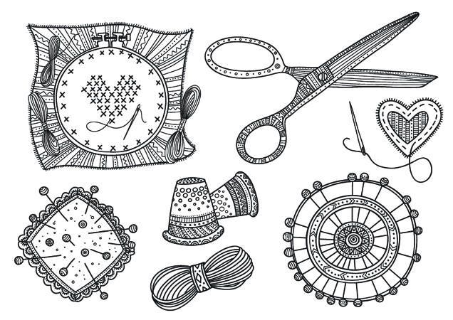 Embroidery Tools Printable Coloring Page for Adult and Kids, Print and ...