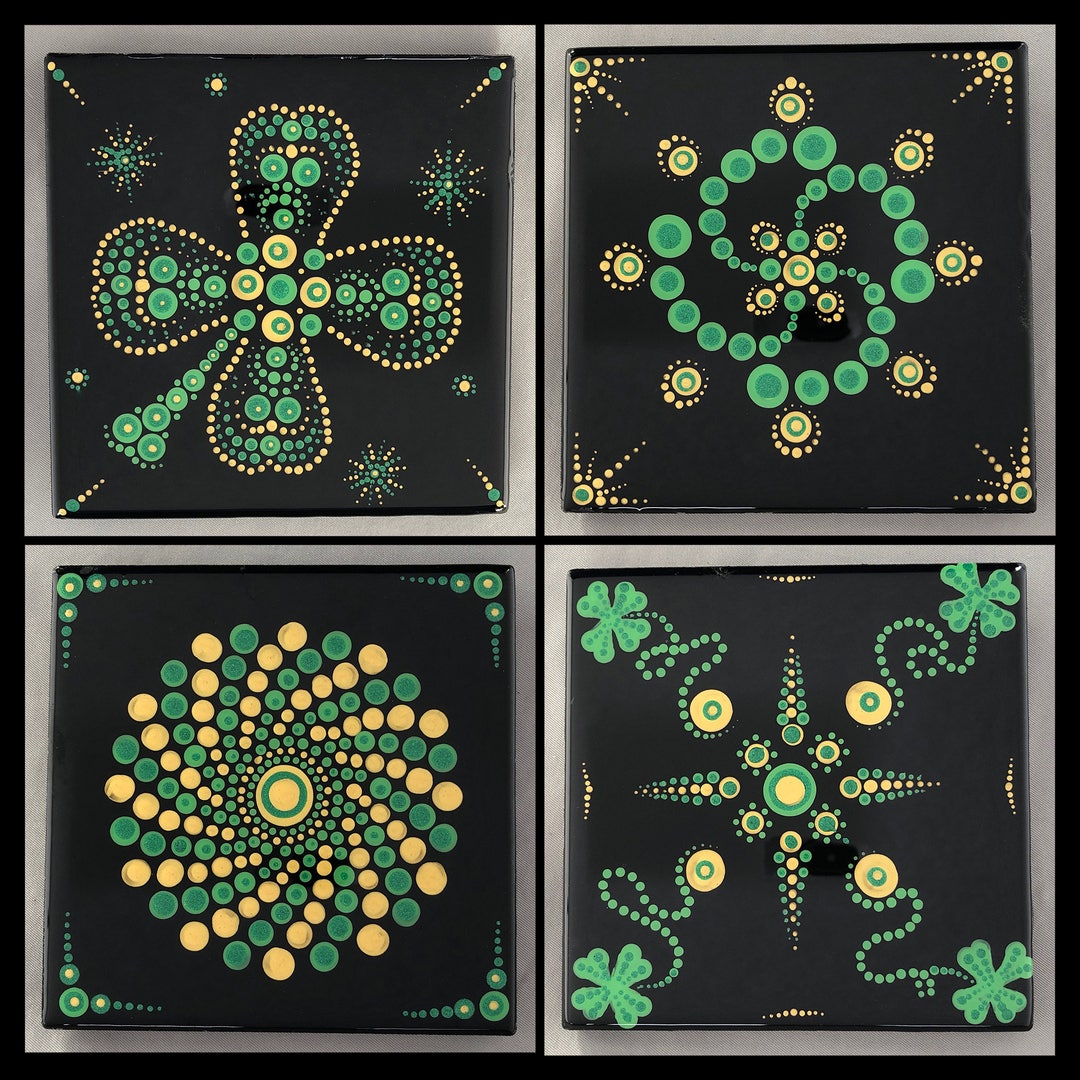 Ceramic Tile Art - “shamrock's Luck” - Hand Painted Set of 4 - Etsy