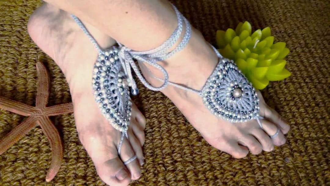 Boho Crochet Barefoot Sandals With Pearls/beach Wedding Foot Jewel ...