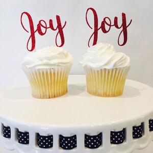 12 Christmas Cupcake Toppers - Joy - Red Glitter - Christmas Party ...