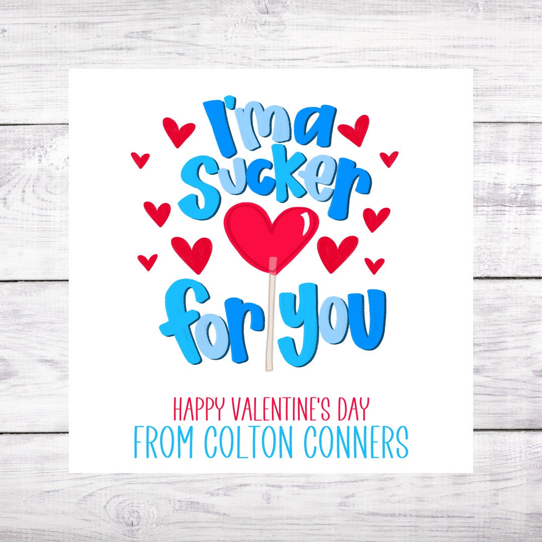 20 Valentine Gift Stickers Sucker for You Blue and Red Kid Boy Pun ...