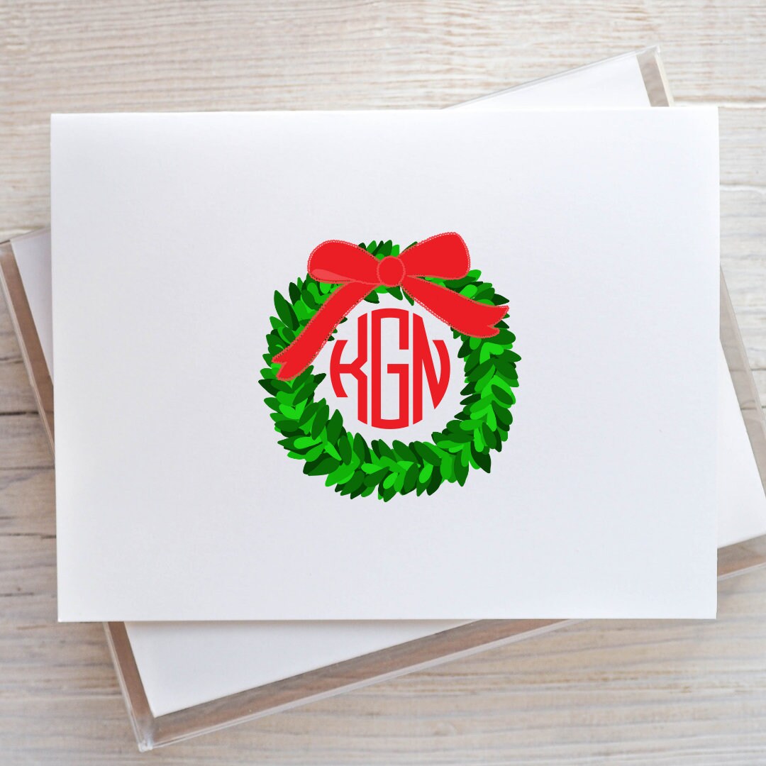 Personalized Christmas Wreath Note Cards: Monogrammed Holiday Thank You ...