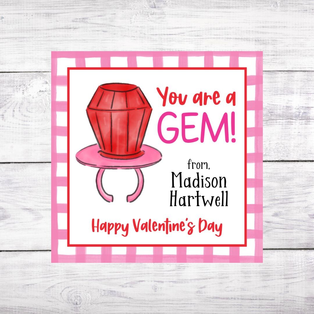 Valentine Stickers or Printed Valentines, Ring Pop, You're a Gem, Kid ...