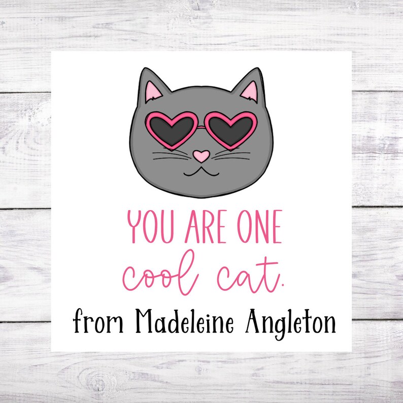 20 Valentine Gift Stickers Cat Cool Cat Personalized Classroom Friends ...