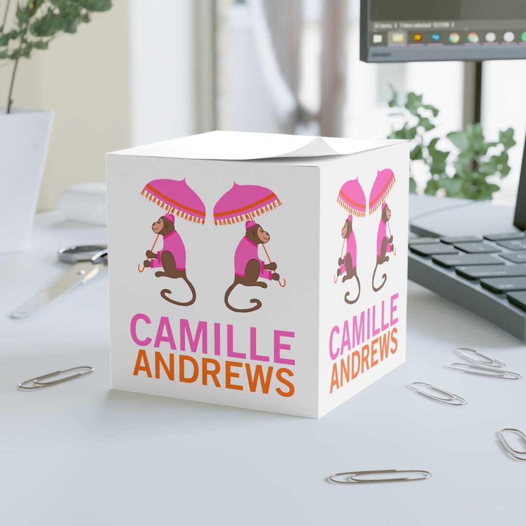 Personalized Sticky Note Cube, Pink and Orange, Modern Monkeys, Desk ...