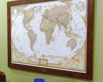 Large Framed Push Pin World Map 24x36 Rustic Style | Etsy