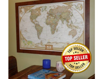 Vintage Style World Push Pin Travel Map With Pins and Frame | Etsy