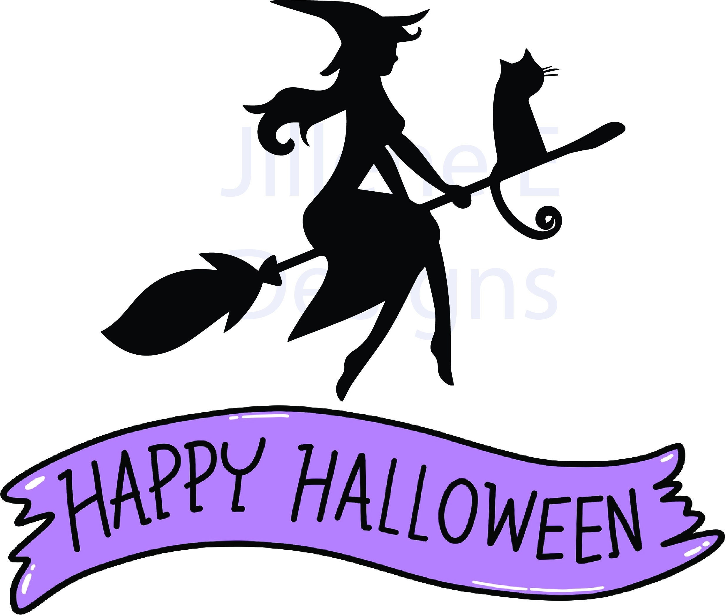 Happy Halloween Witch & Cat on Broomstick Clipart, Halloween Clipart ...