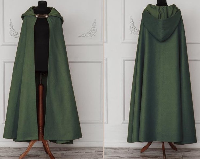 Vegan Wool Cloak With Hood, Medieval Fantasy Hooded Cloak, Dark Green ...