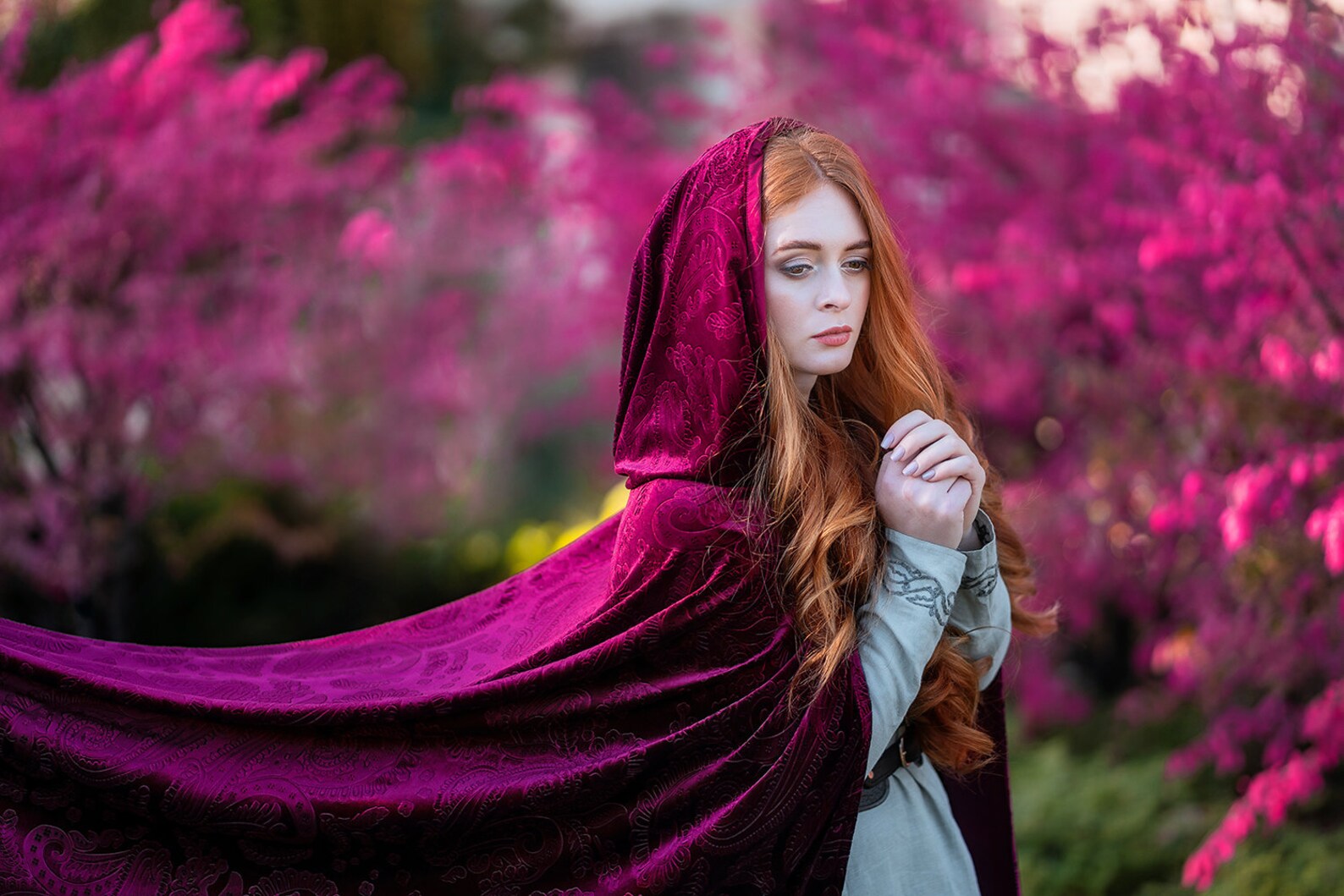 Velvet Fantasy Cape, Magenta Red Hooded Cloak, Halloween Clothing, LARP ...