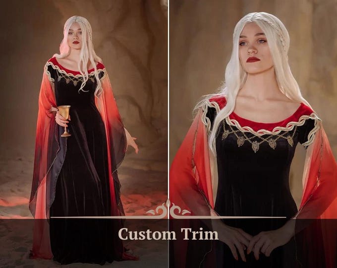 Black and Red Fantasy Gown With Ombre Chiffon Sleeves, Velvet Elven ...