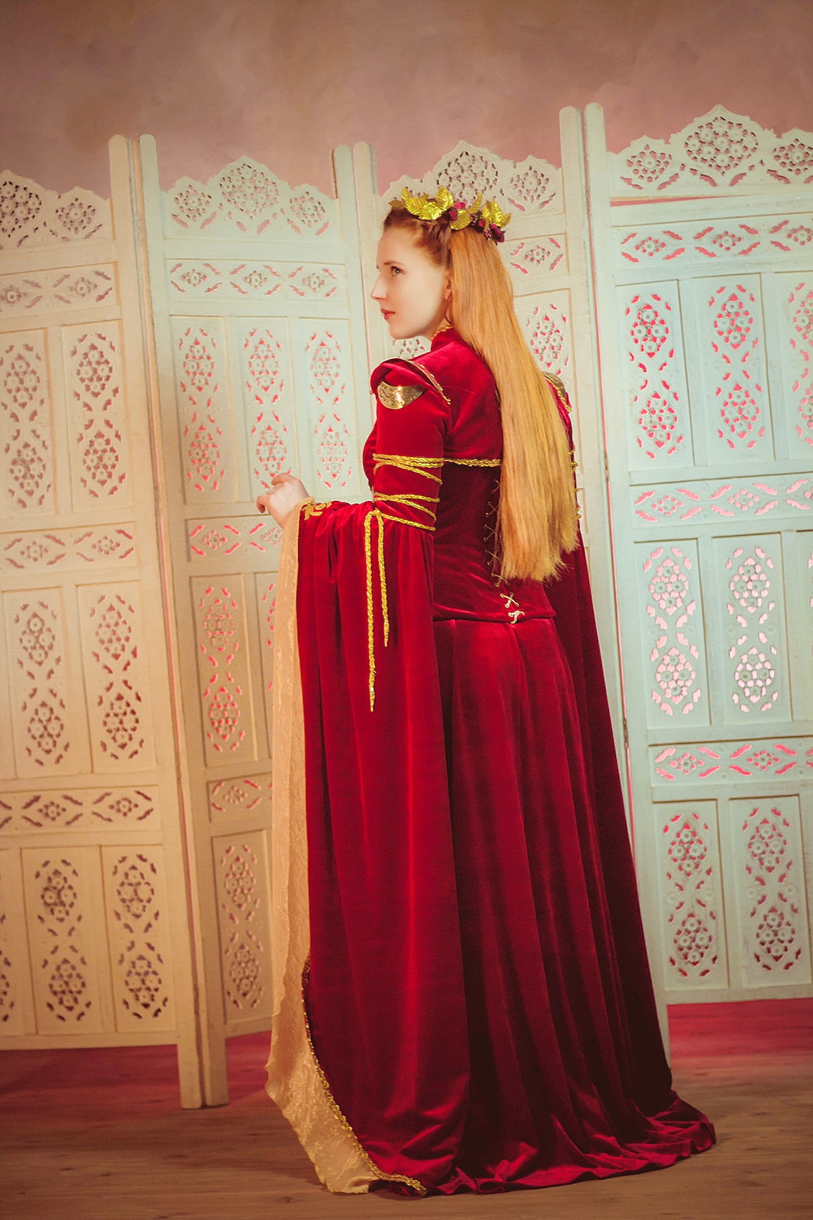 Red velvet elven dress Fantasy gown Corset with metal | Etsy