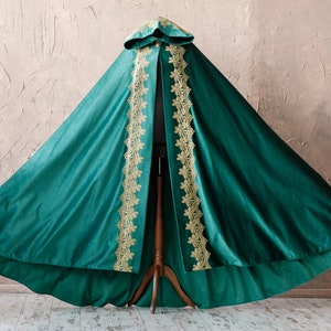 Green Velvet Fantasy Cape, Elven Hooded Cloak With Golden Laces, LARP ...