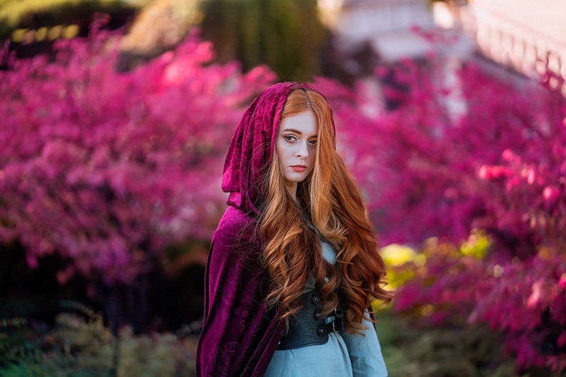 Velvet Fantasy Cape, Magenta Red Hooded Cloak, Halloween Clothing, LARP ...