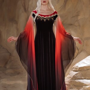 Black and Red Fantasy Gown With Ombre Chiffon Sleeves, Velvet Elven ...
