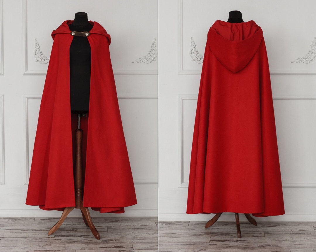 Vegan Wool Cloak With Hood, Medieval Fantasy Hooded Cloak, Red Hooded ...
