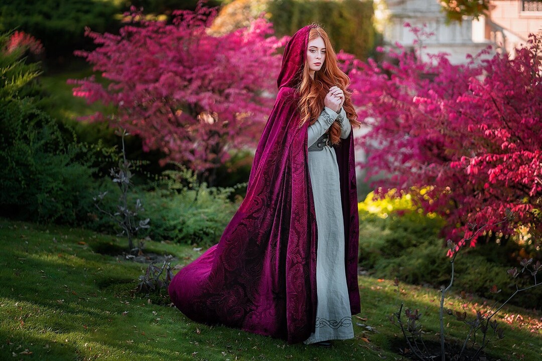 Velvet Fantasy Cape, Magenta Red Hooded Cloak, LARP Costume, Halloween ...