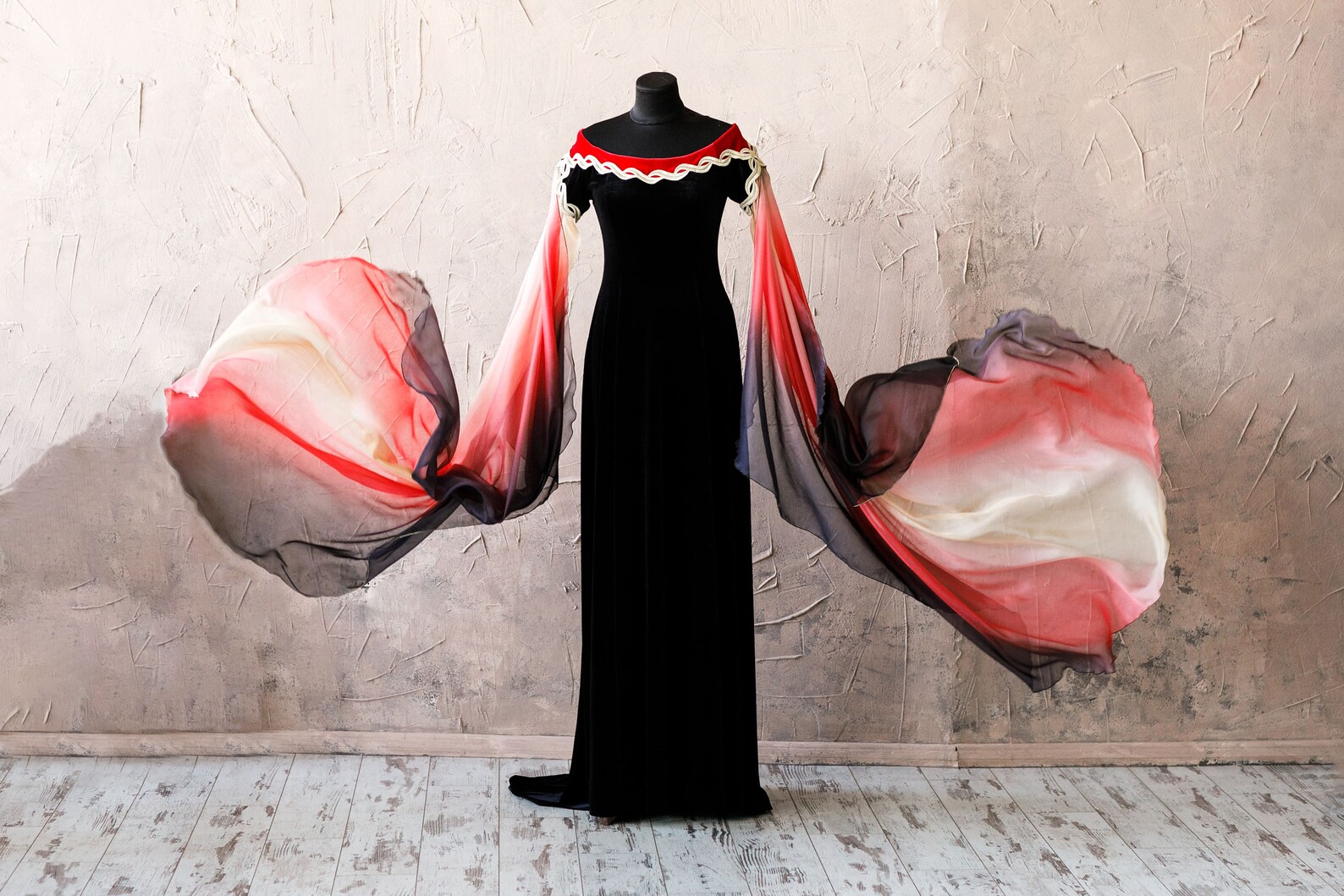 Black and Red Fantasy Gown With Ombre Chiffon Sleeves Velvet - Etsy UK
