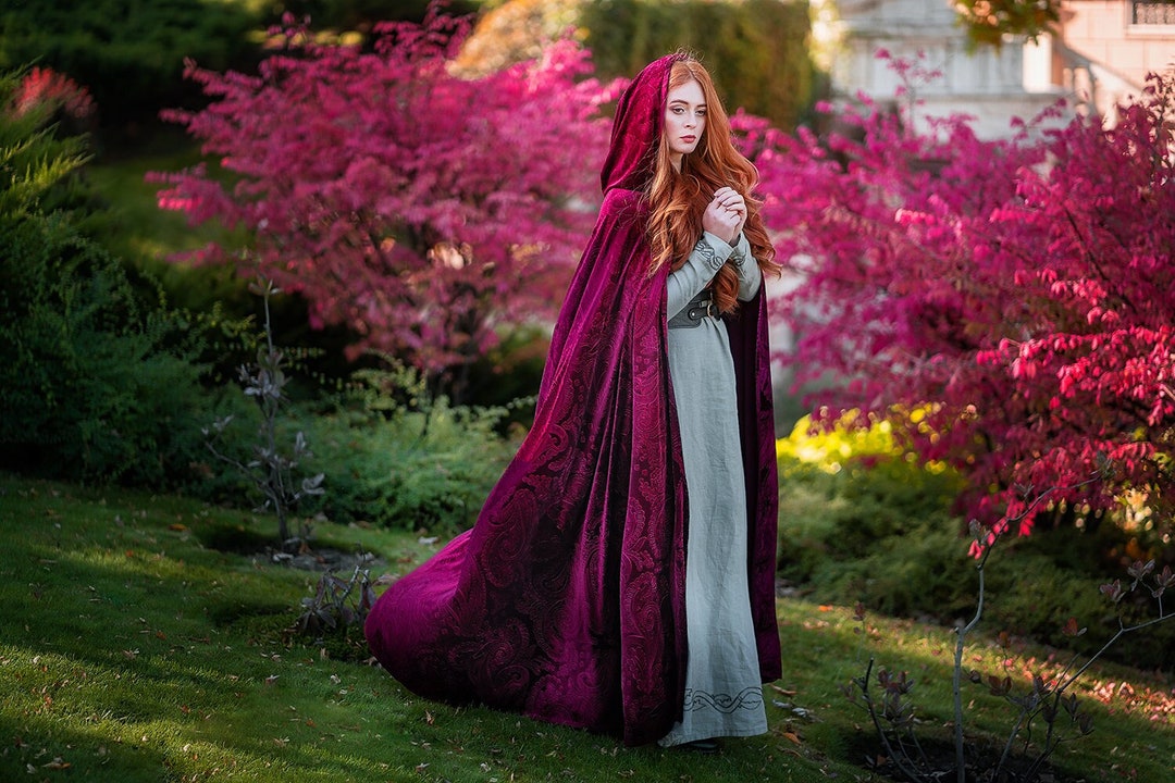 Velvet Fantasy Cape, Magenta Red Hooded Cloak, Halloween Clothing, LARP ...