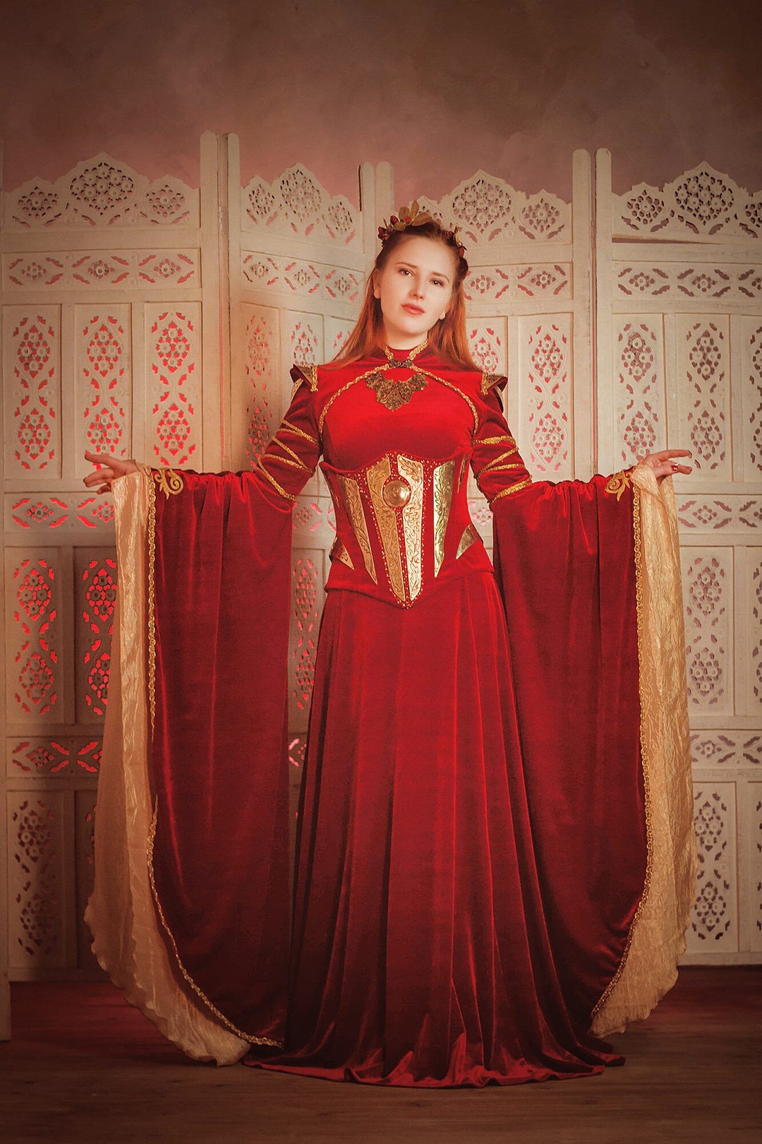 Red Velvet Elven Dress, Fantasy Gown, Corset With Metal Plates, Fairy ...