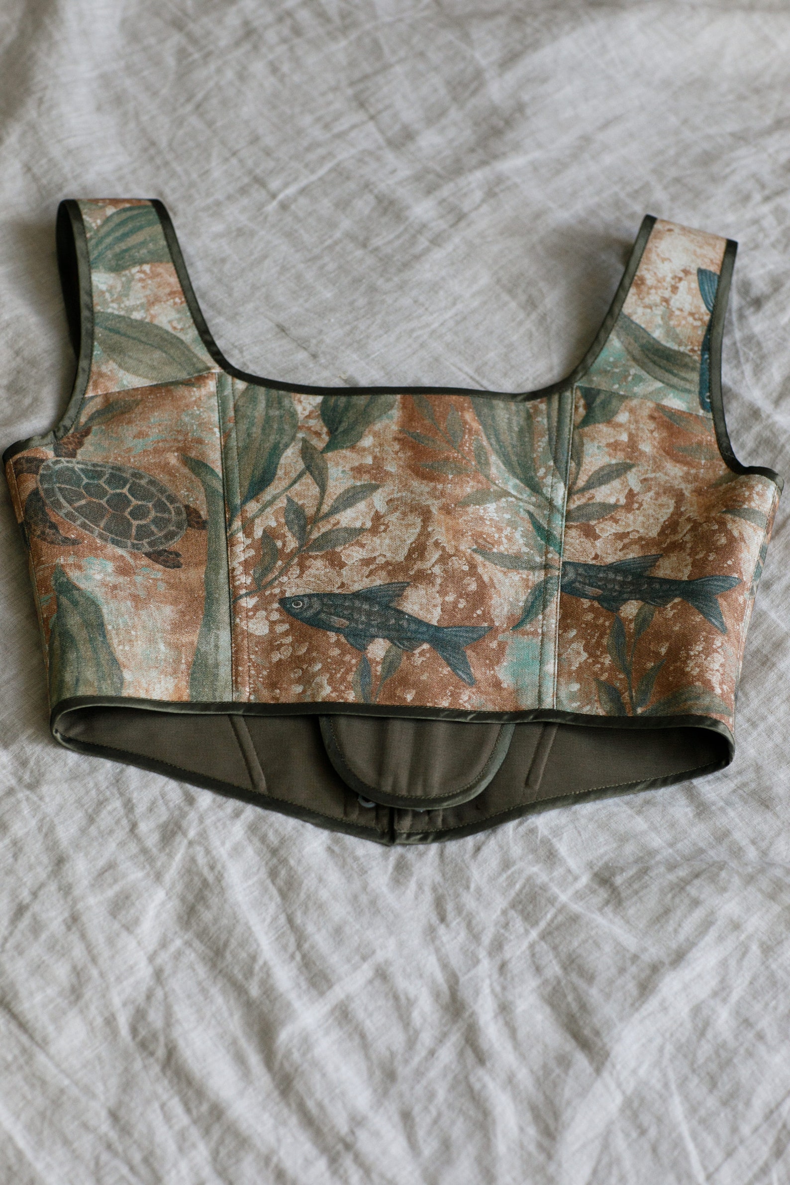 Overbust Corset With Sea Pattern and Pocket, Cotton Historical ...