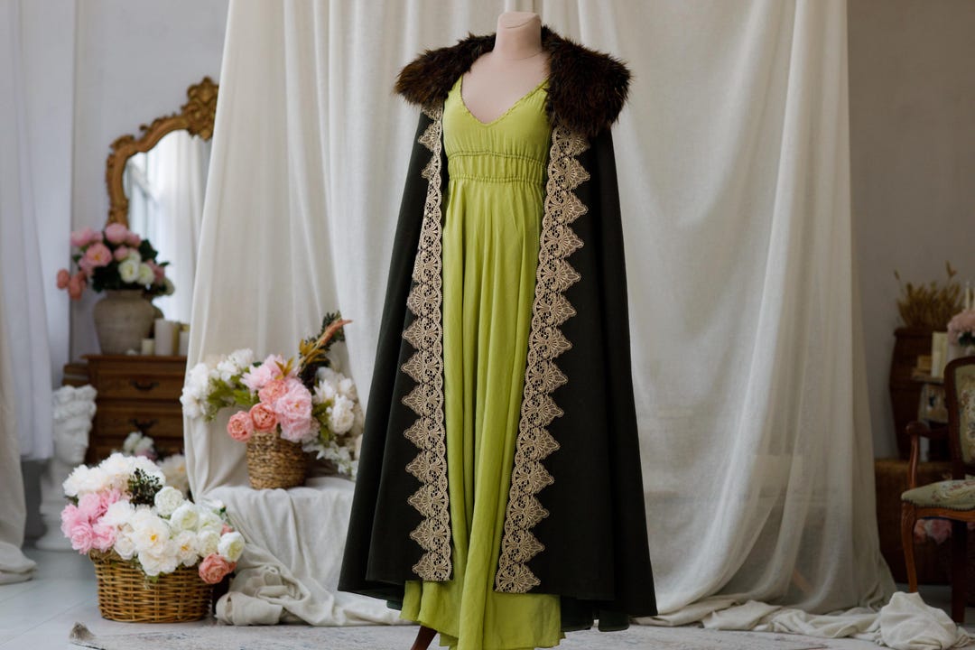 Ready to Ship! Green Wool Cloak With Detachable Fur Collar, Long Wool ...