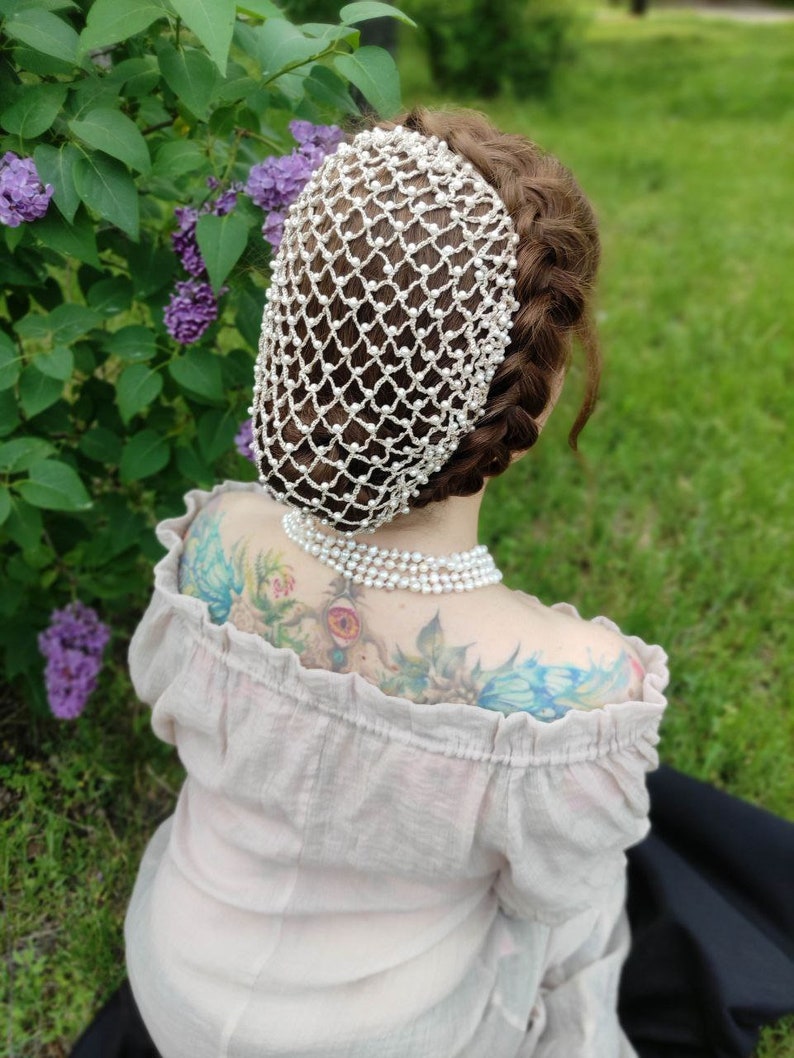 Renaissance Headpiece, Pearl Beads Hair Net, Historic Costume Snood ...