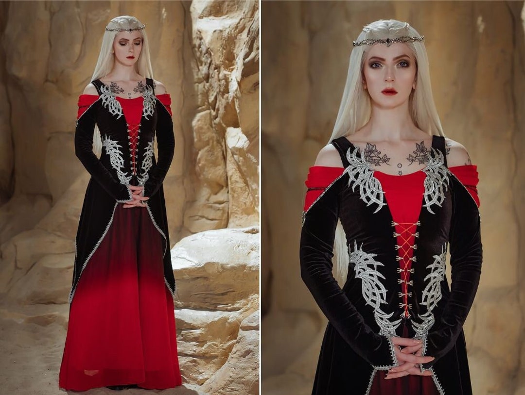 Gothic Dragon Style Dress, Black and Red Fantasy Gown With Ombre ...