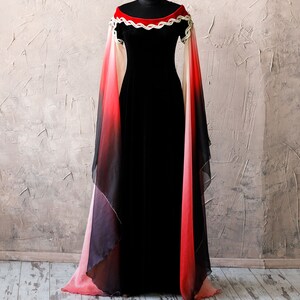 Black and Red Fantasy Gown With Ombre Chiffon Sleeves Velvet - Etsy