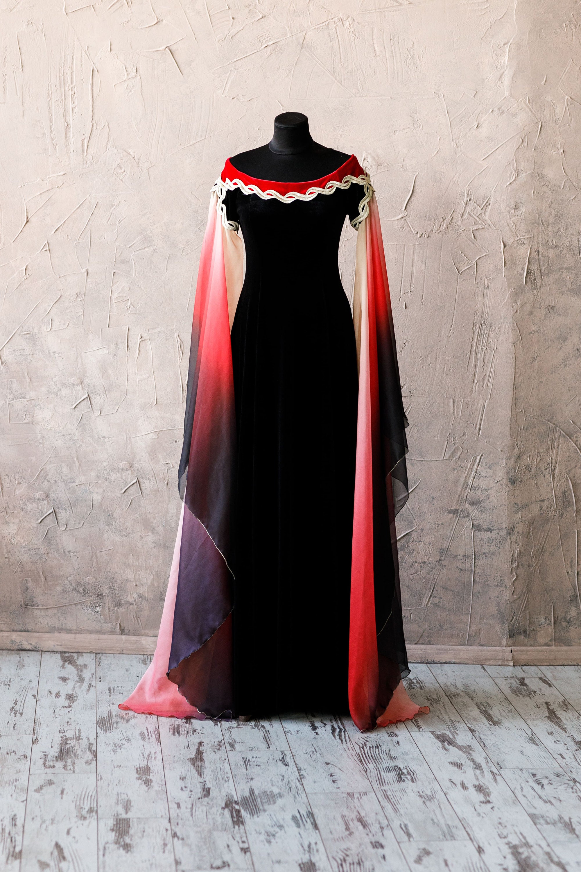 Black and Red Fantasy Gown With Ombre Chiffon Sleeves Velvet - Etsy UK