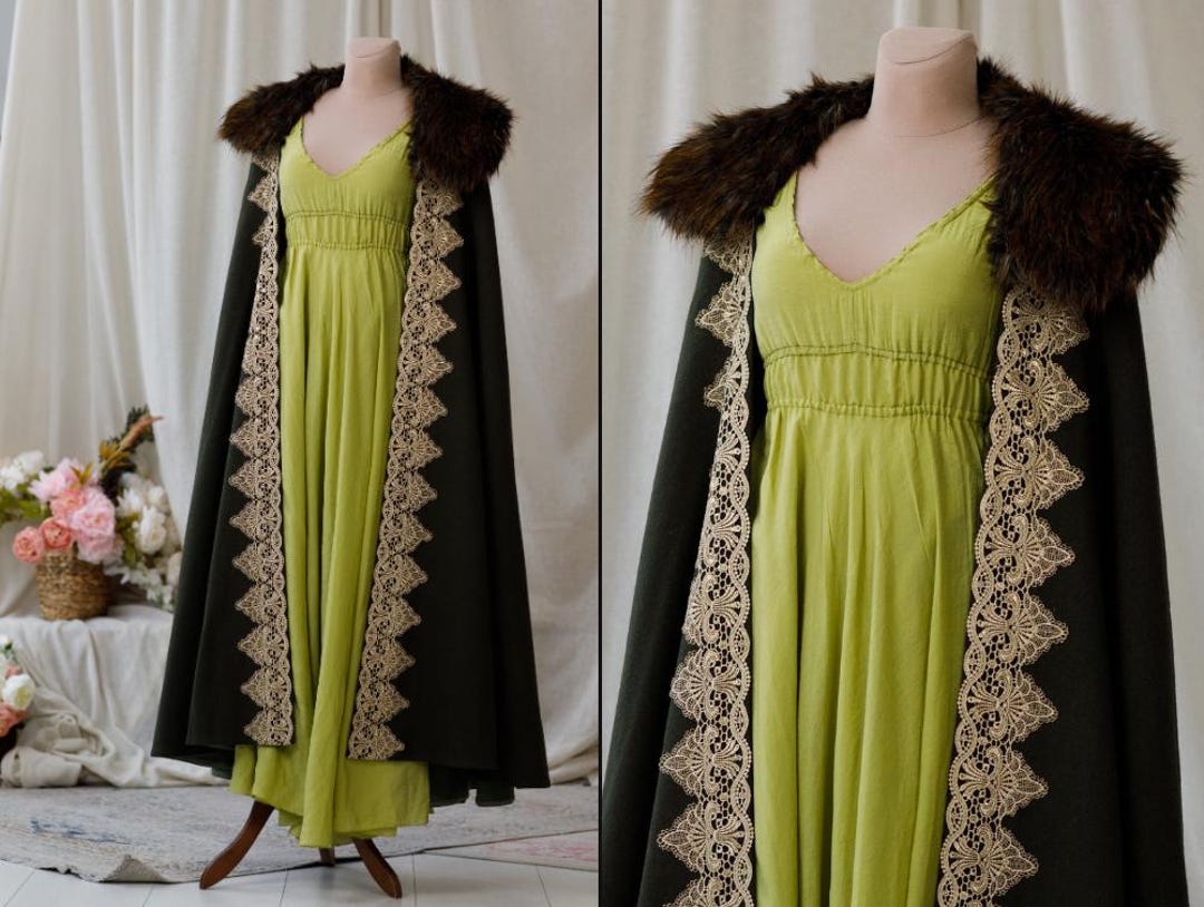 Ready to Ship! Green Wool Cloak With Detachable Fur Collar, Long Wool ...
