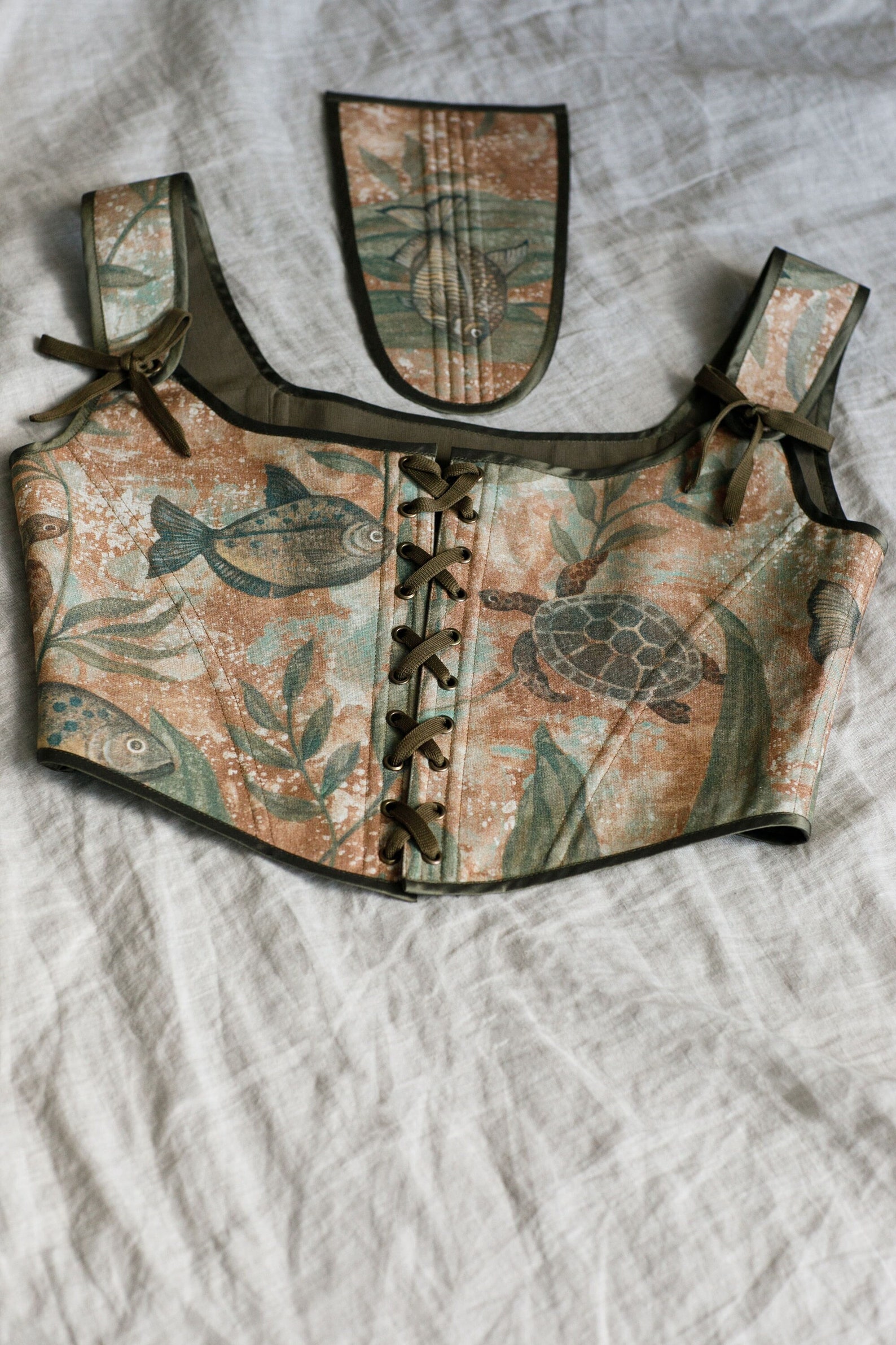 Overbust Corset With Sea Pattern and Pocket, Cotton Historical ...