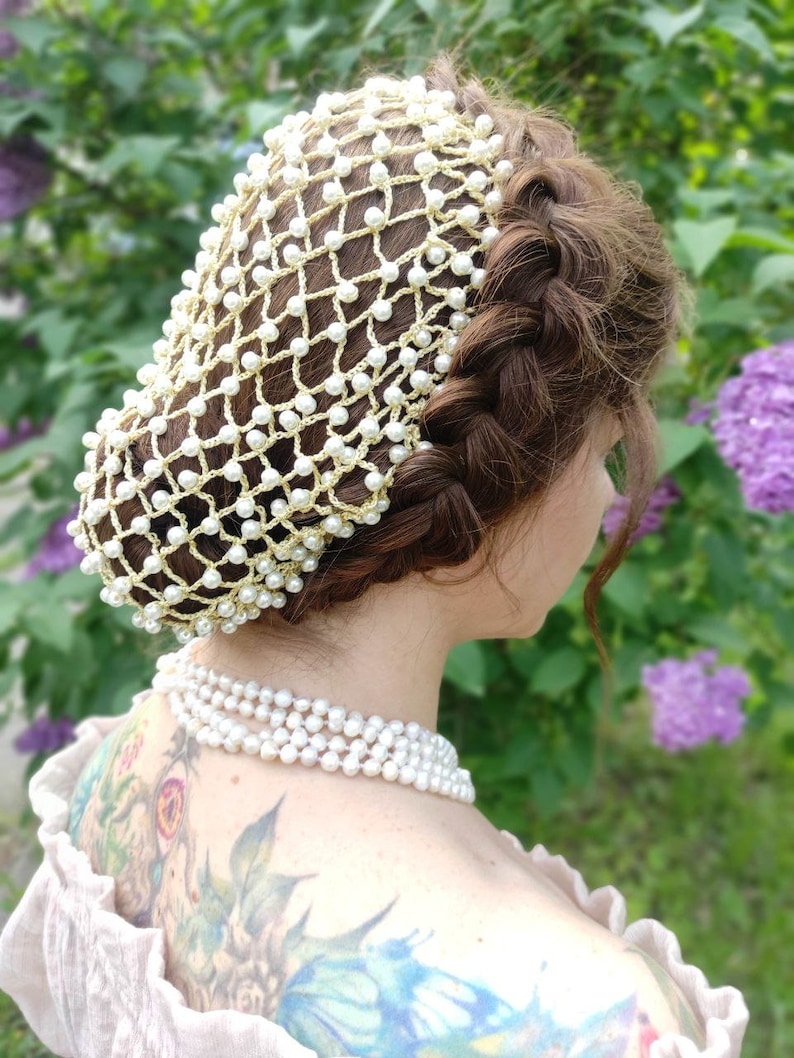 Renaissance Headpiece, Pearl Beads Hair Net, Historic Costume Snood ...