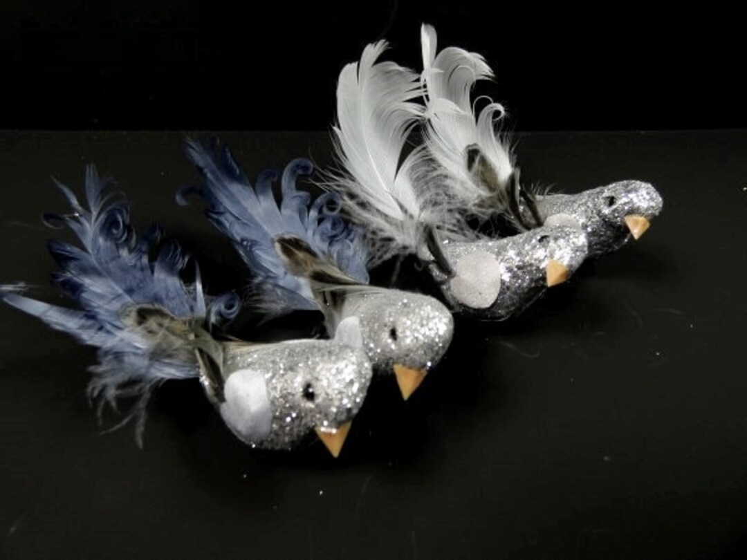 2 Artificial Silver Glitter Birds Fake Birds Feather Birds Artificial ...