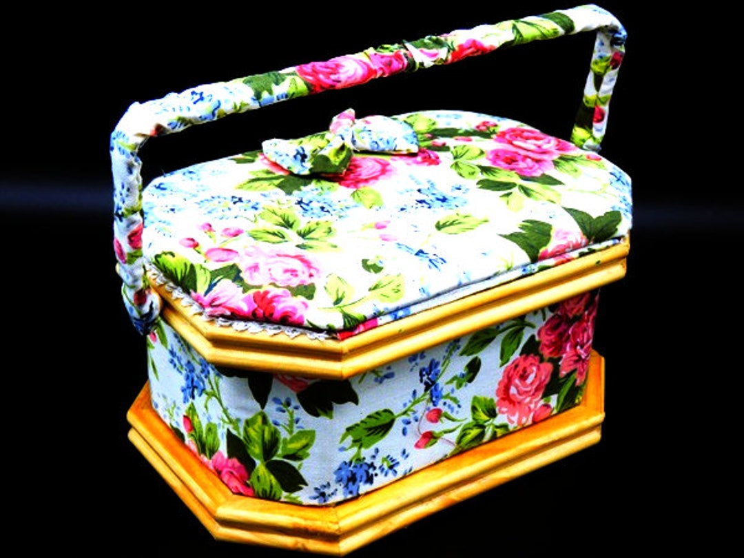Vintage Red White Floral Fabric Sewing Box Wooden Sowing Box Sewing ...
