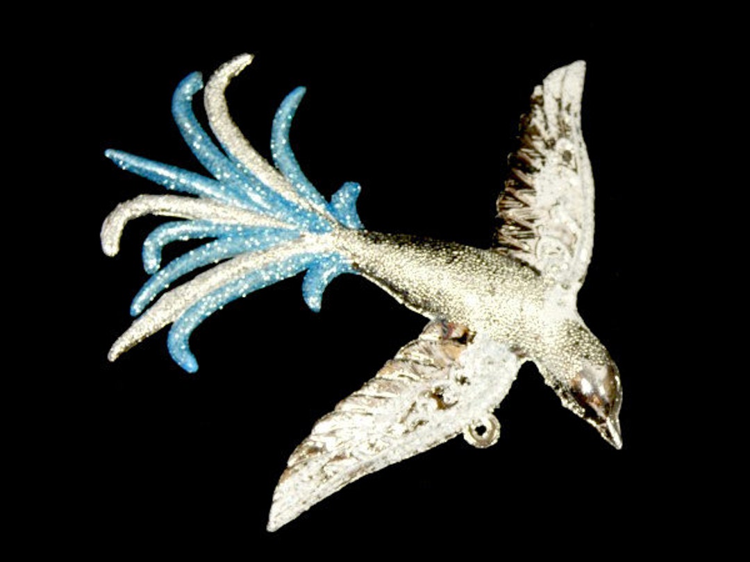 1 Silver Blue Bird Fake Artificial Bouquet Wreath Ornament Glitter Bird ...