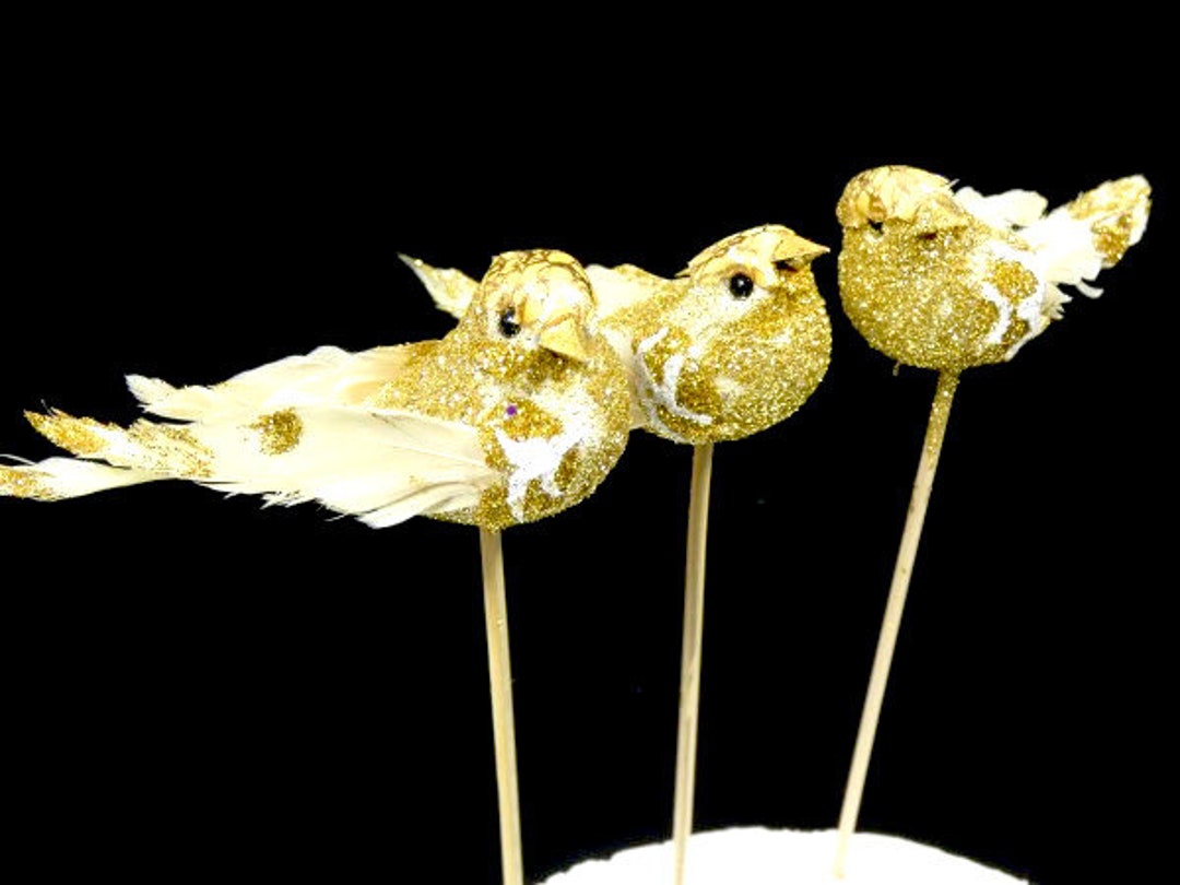 3 Gold Glitter Birds Fake Artificial Feather Birds Bouquet Wreath ...