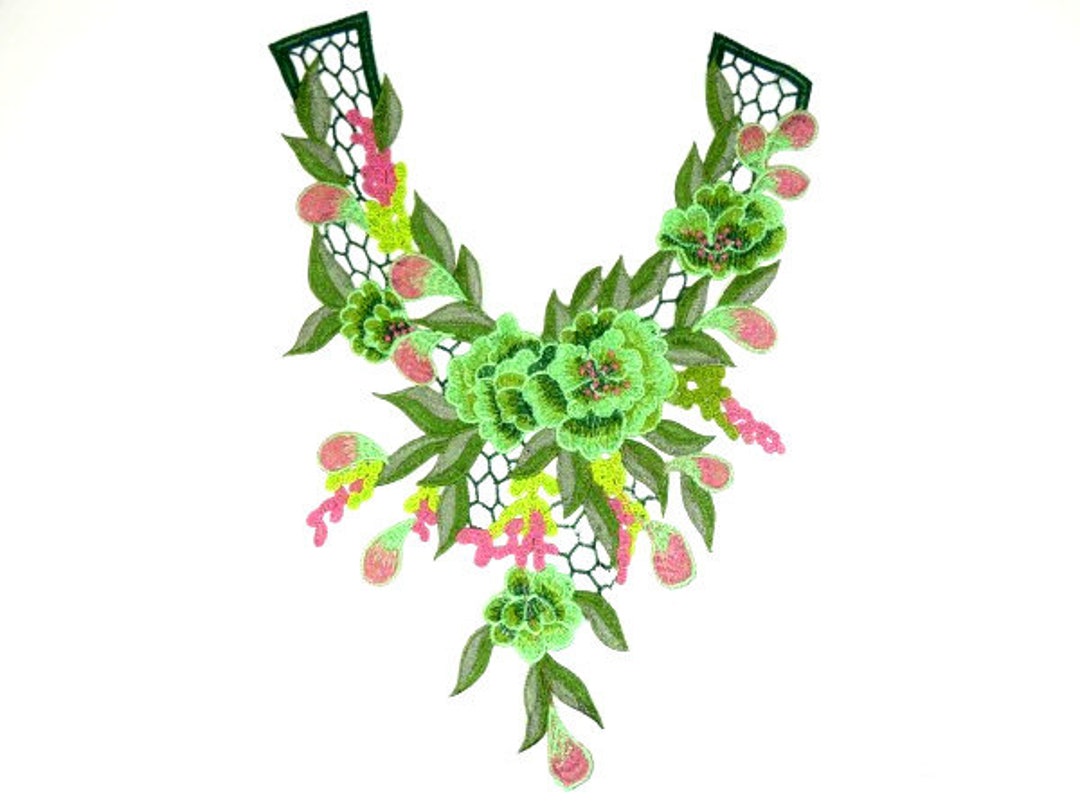 Green Pink Flower Neckline Applique Venice Lace Applique Floral ...