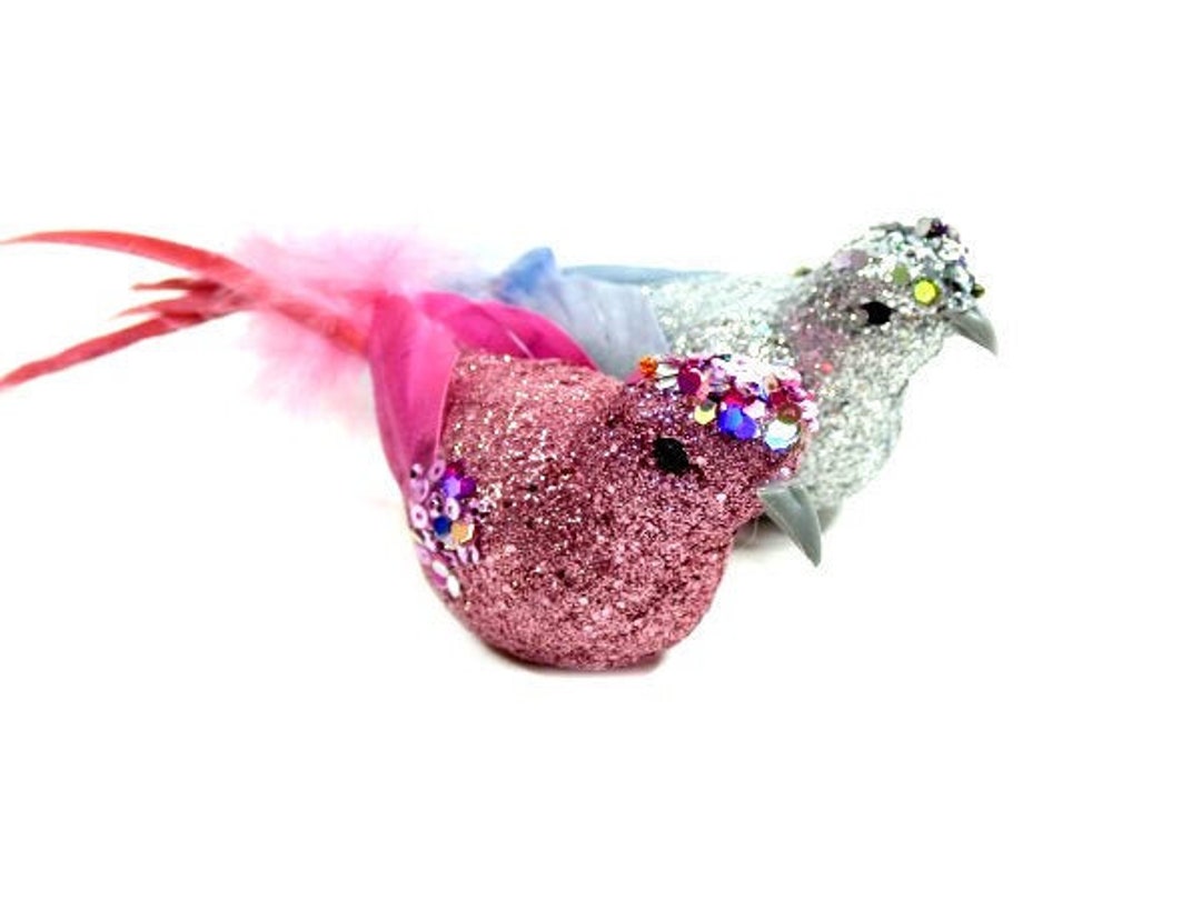 2 Big Artificial Pink or Silver Glitter Birds Fake Bird Feather Bird ...