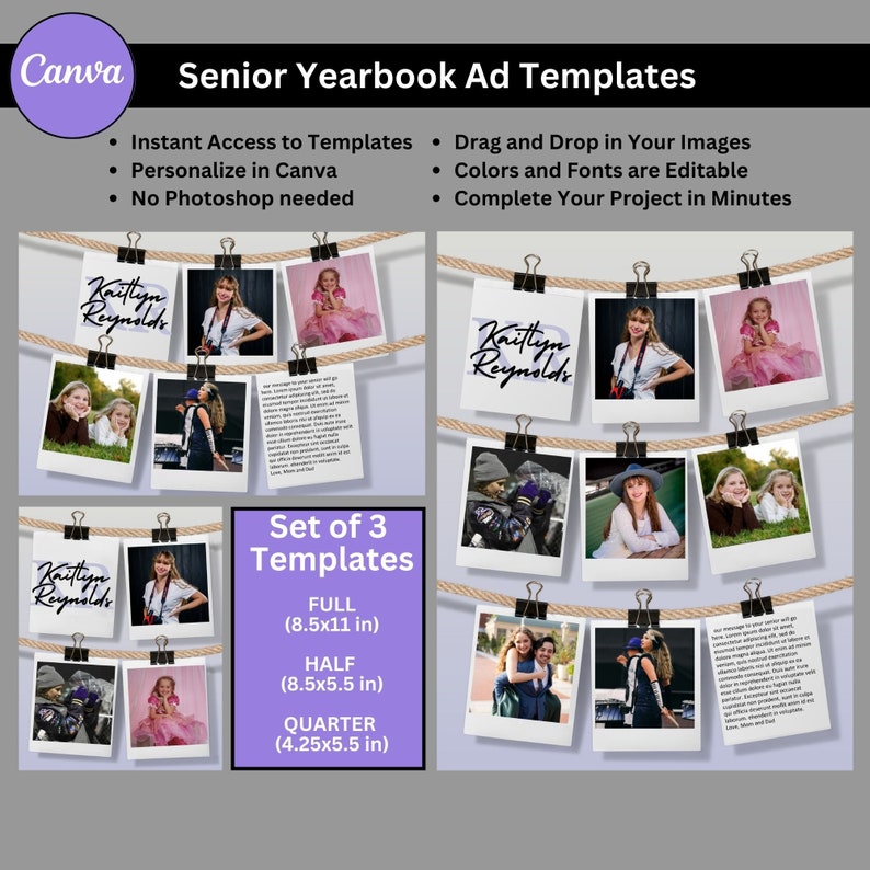 Template for Senior Yearbook or Program Ad - Full, Half, and Quarter ...