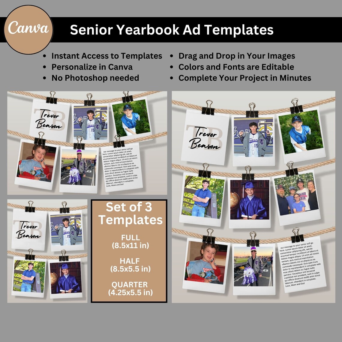 Template for Senior Yearbook or Program Ad - Full, Half, and Quarter ...
