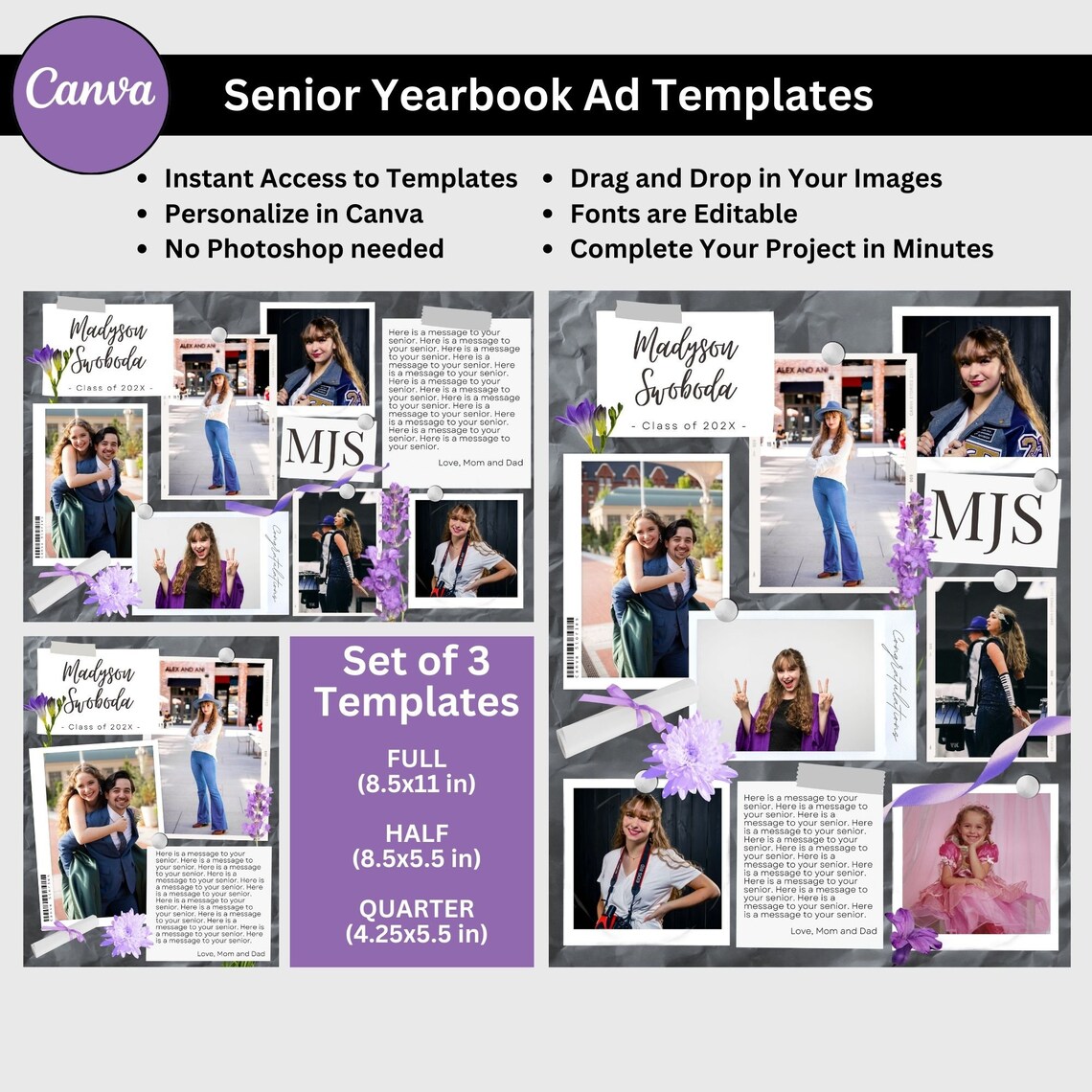 Template for Senior Yearbook or Program Ad - Full, Half, and Quarter ...