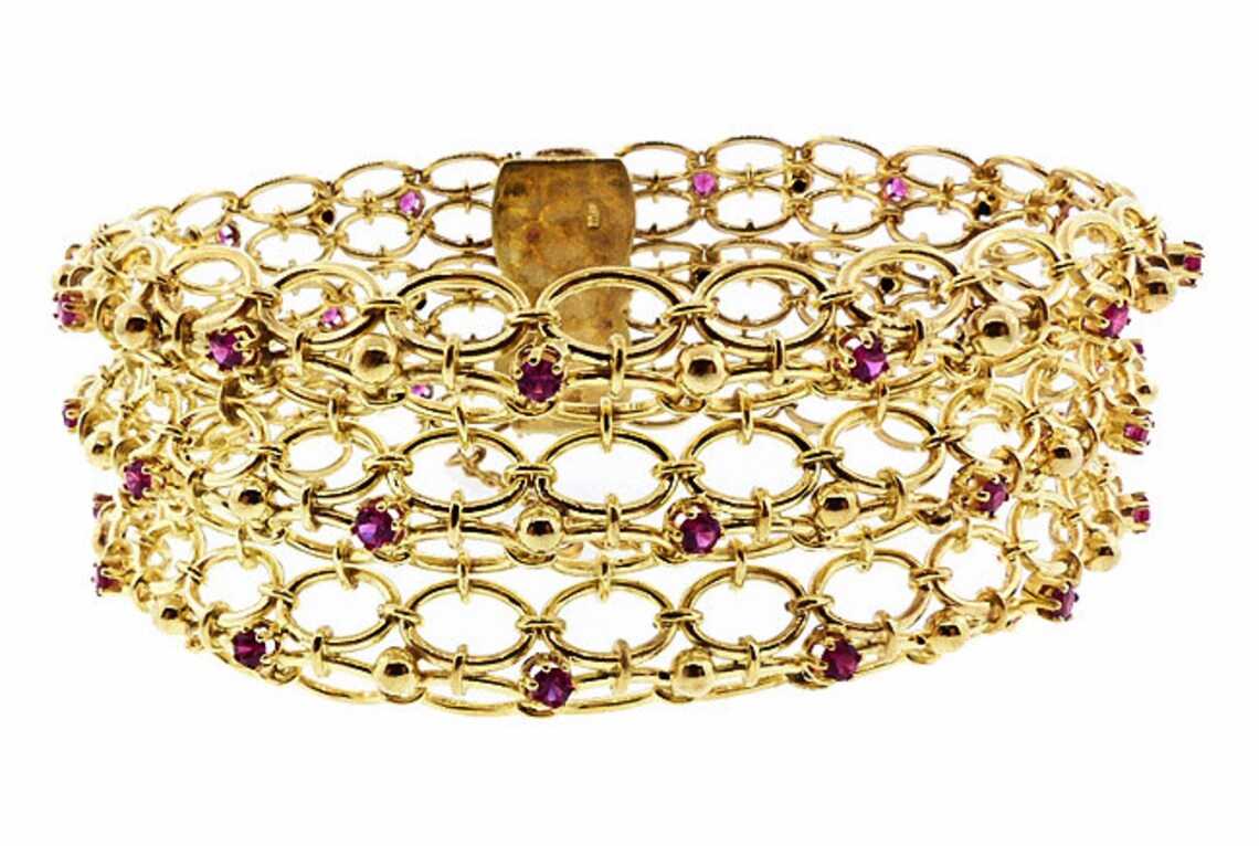 Retro 18K Yellow Gold & Ruby Mesh Bracelet - Etsy
