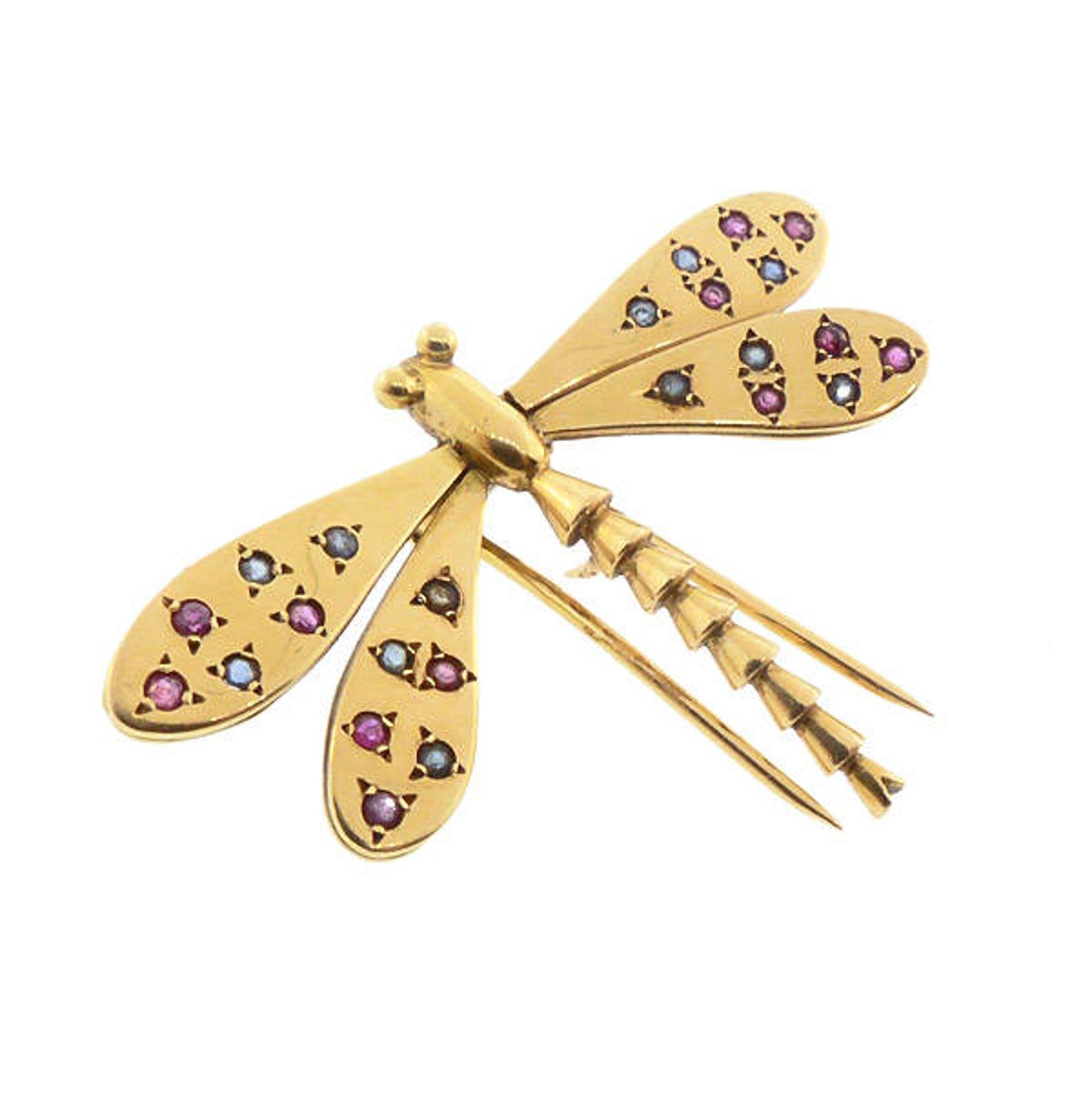Retro 18K Gold Ruby & Sapphire Dragonfly Insect Brooch - Etsy