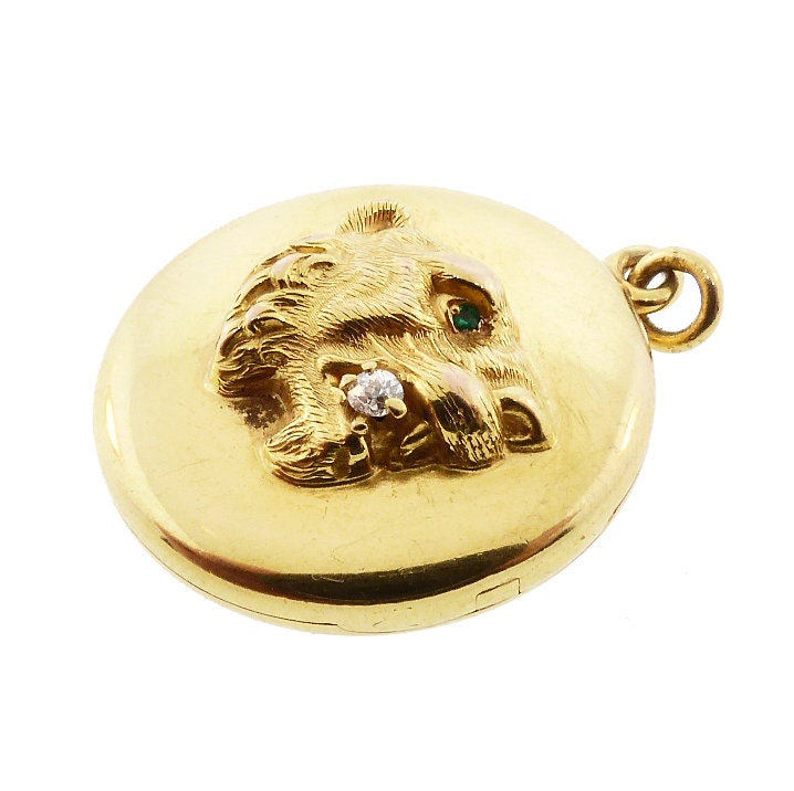 Victorian 18K Gold, Diamond & Emerald Lion Locket