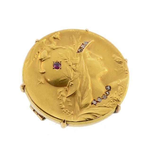Art Nouveau Louis Rault 18K Gold, Diamond & Ruby Goddess Athena Brooch